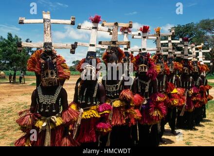 Dogon dancers wearing Kanaga masks performing the Dama or masked ...
