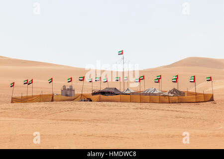 Desert camp at the Moreeb Dune in Liwa Oasis area. Emirate of Abu Dhabi ...