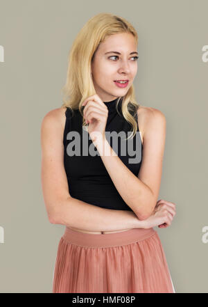 Thankful Female Standing Pose Studio Concept Stock Photo - Alamy