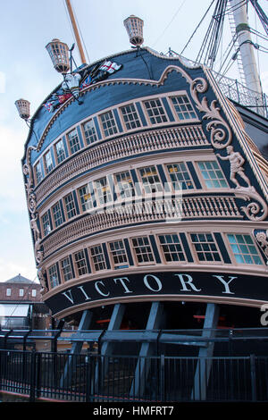 The stern of Admiral Lord Nelson's flagship HMS Victory at Portsmouth ...