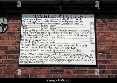 A Table of Tolls at the Toll House of the historic 1779 bridge over the ...