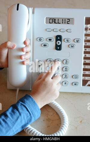 112 - emergency call from phone to hotline telephone number. Vector ...