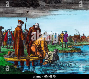 Hand coloured line drawing of the Anabaptist Dirk Willems rescuing his ...