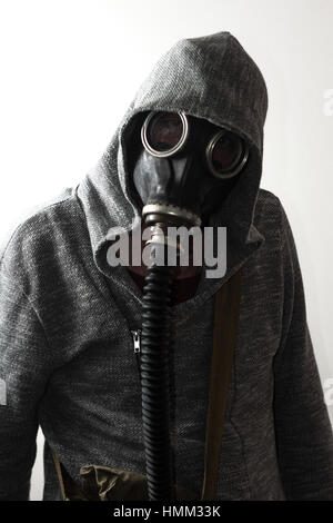 Scary man wearing authentic Russian gas mask with breathing hose Stock ...