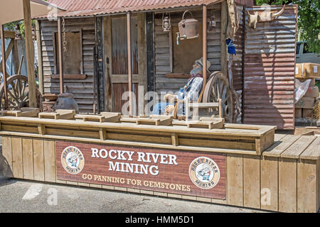 Replica of an old Australian Prospector's Slab Hut with the old man on ...