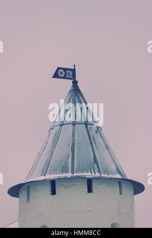 Brick round corner tower with a spire Stock Photo - Alamy