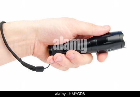Hand holding flashlight on white background, tools Stock Photo - Alamy