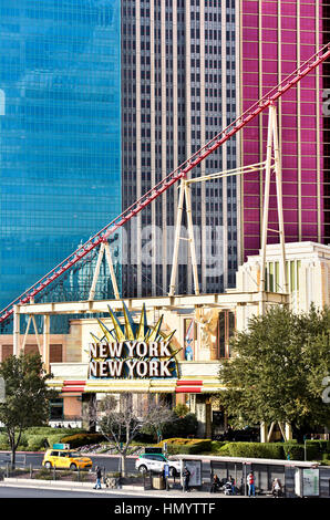 Signage and roller coaster at New York New York Hotel and Casino on the ...
