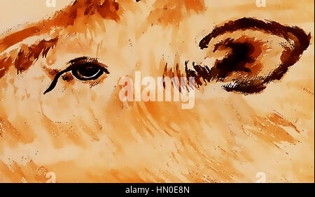 detail of dear head with eye, sketch in sepia tones, monochromatic ...