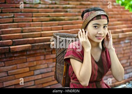 Teen girl wearing a Khmu country side traditional dress in Laos. Name ...