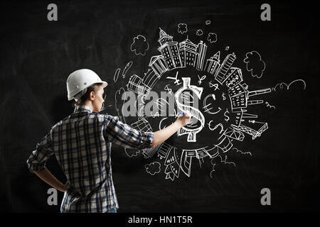 Rear view of engineer woman drawing construction plan Stock Photo - Alamy