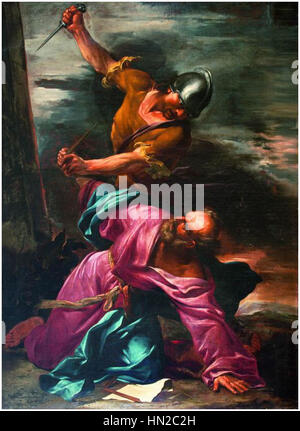 This historical painting depicts the tragic death of Troilus, a figure ...