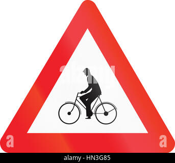 Cycling warning sign isolated on graduated blue sky background Stock ...