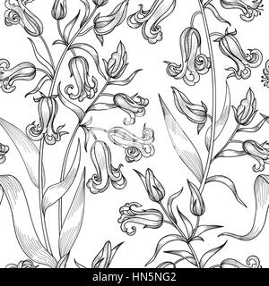 Spring seamless pattern with doodle bluebell elements. White background ...