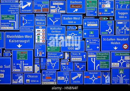 Road signs in the Swiss Museum of Transport (Verkehrshaus der Schweiz ...