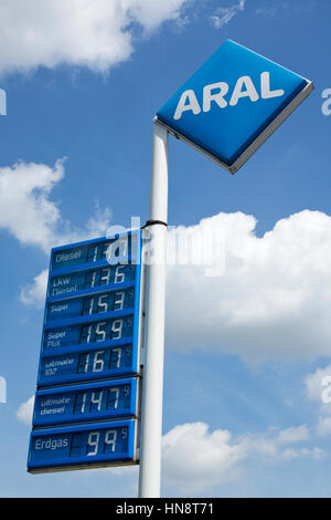 Logo and fuel prices of ARAL in Germany. Aral is a brand of automobile ...