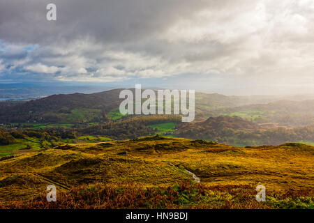South Lakeland fells from Lingmoor Fell with Elter Water and Windermere ...