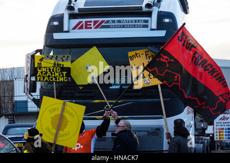 Antifracking protesters protest outside a Cuadrilla contactors business ...