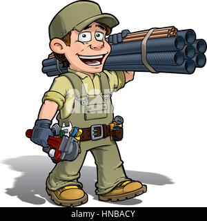 Vector cartoon illustration of a handyman carrying a toolkit Stock ...