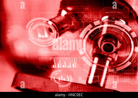 Close of laboratory microscope against media user interface Stock Photo ...