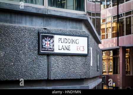 Pudding Lane (Great Fire of London) sign by The Monument, City of Stock ...