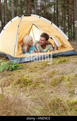 Romantic Couples Tent Camping. Young Caucasian Couples Having Fun ...