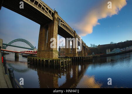 Tyne Bridge, High Level, Bridge and Swing Bridge at dusk with ...