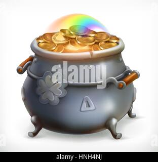 Cartoon Cauldron with money. Pot with gold coin for Patricks day ...