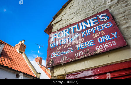 Fortune's Whitby cured Kippers sign, Whitby, UK Stock Photo: 73030186 ...