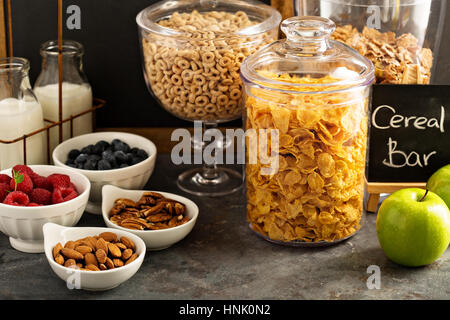 Breakfast cereal bar or buffet wih variety of cereals, fruit and nuts ...