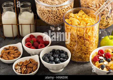 Breakfast cereal bar or buffet wih variety of cereals, fruit and nuts ...