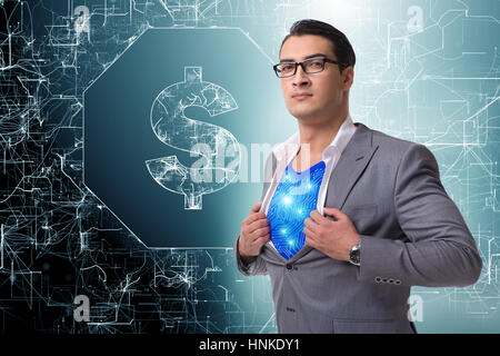 Superhero saving american dollar currency Stock Photo - Alamy