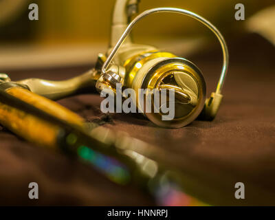 The golden fishing reels on the fishing rod Stock Photo - Alamy