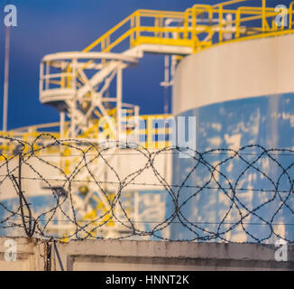 Oil storage tanks, barbed wire, fence, protected, oil, fuel, tank ...