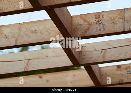 row of wooden roof ce stamped rafter timbers in extension construction ...