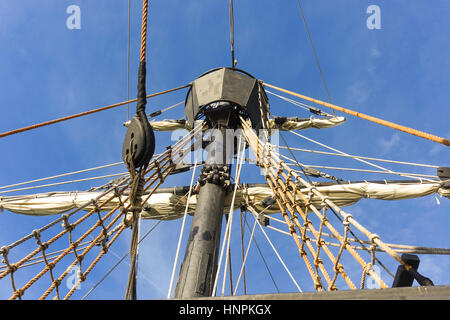 Crow's nest of replica old spanish galleon, Nao Victoria, ship, vessel ...
