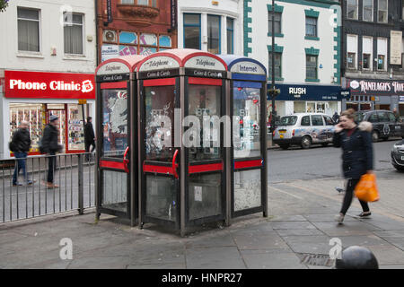 Red Public Telephone Boxes Liverpool Advertising Slur Stock Photo - Alamy