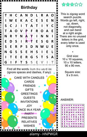 Vector Birthday party wordsearch puzzle for kids. Simple crossword with ...