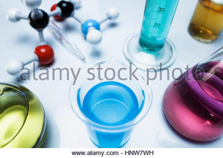 Glass beaker of copper sulfate solution (copper chloride) blue liquid ...