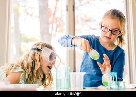 Two girls doing science experiment, putting on large latex gloves Stock ...