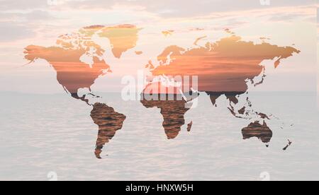 world map superimposed on serene midnight sunset Stock Photo - Alamy