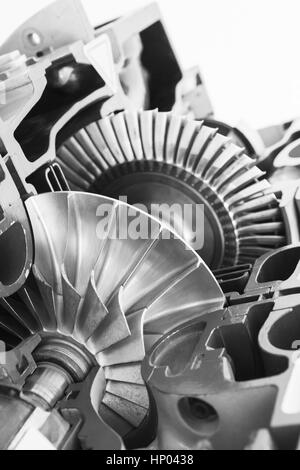 Turbocharger structure with cross section, black and white photo with ...