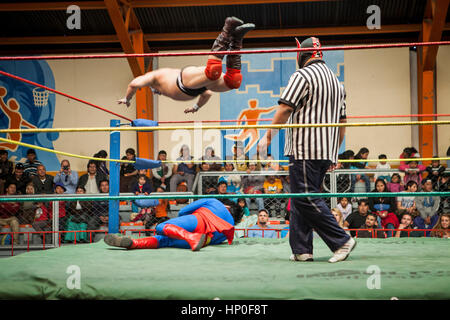 Lucha Libre wrestlers fight as the referee looks on during a Lucha ...