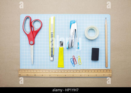 Business concept:stapler,glue,scissor,cutter,tape,pen,pencil,clip,ruler ...