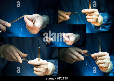 surgeon's hands holding a needle and thread and a needle holder Stock ...