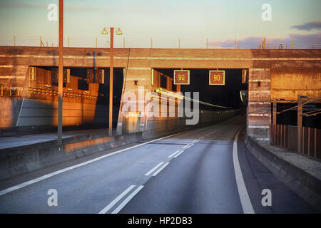 Inside the tunnel at the Oresund Bridge between Denmark and Sweden ...