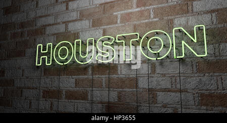 Houston neon sign - Glowing Neon Sign on brickwall wall - 3D rendered ...