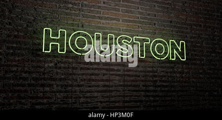 Houston neon sign - Glowing Neon Sign on brickwall wall - 3D rendered ...