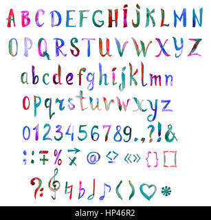 Handwritten blue watercolor alphabet with numbers and symbols Stock ...