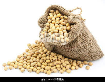 Dried soybean in canvas sack on white background Stock Photo - Alamy